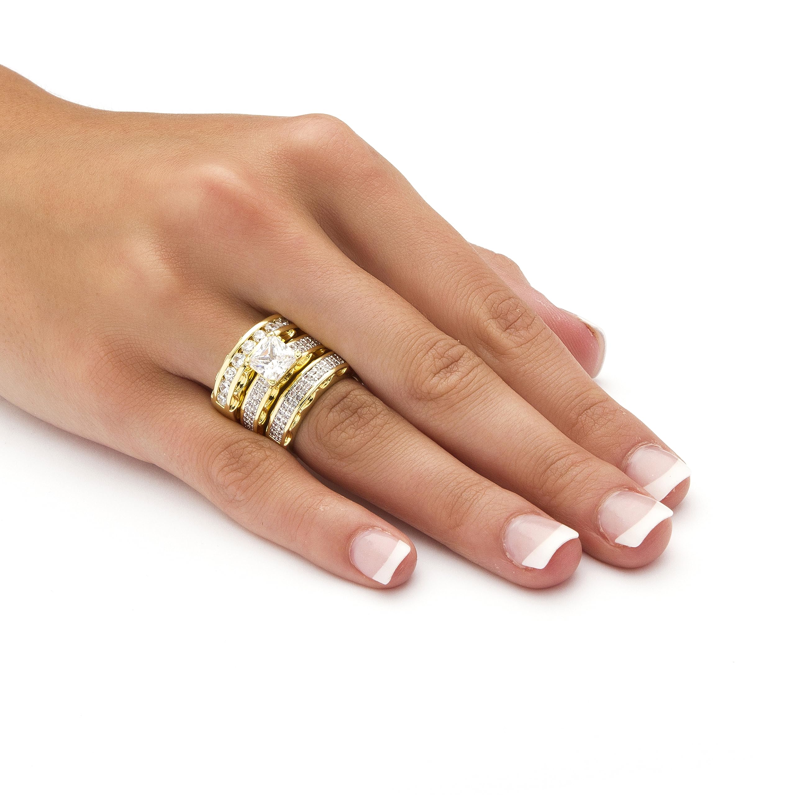PalmBeach Yellow Gold-Plated or Silvertone Princess Cut and Round Cubic Zirconia 3 Piece Bridal Ring Set Size 7
