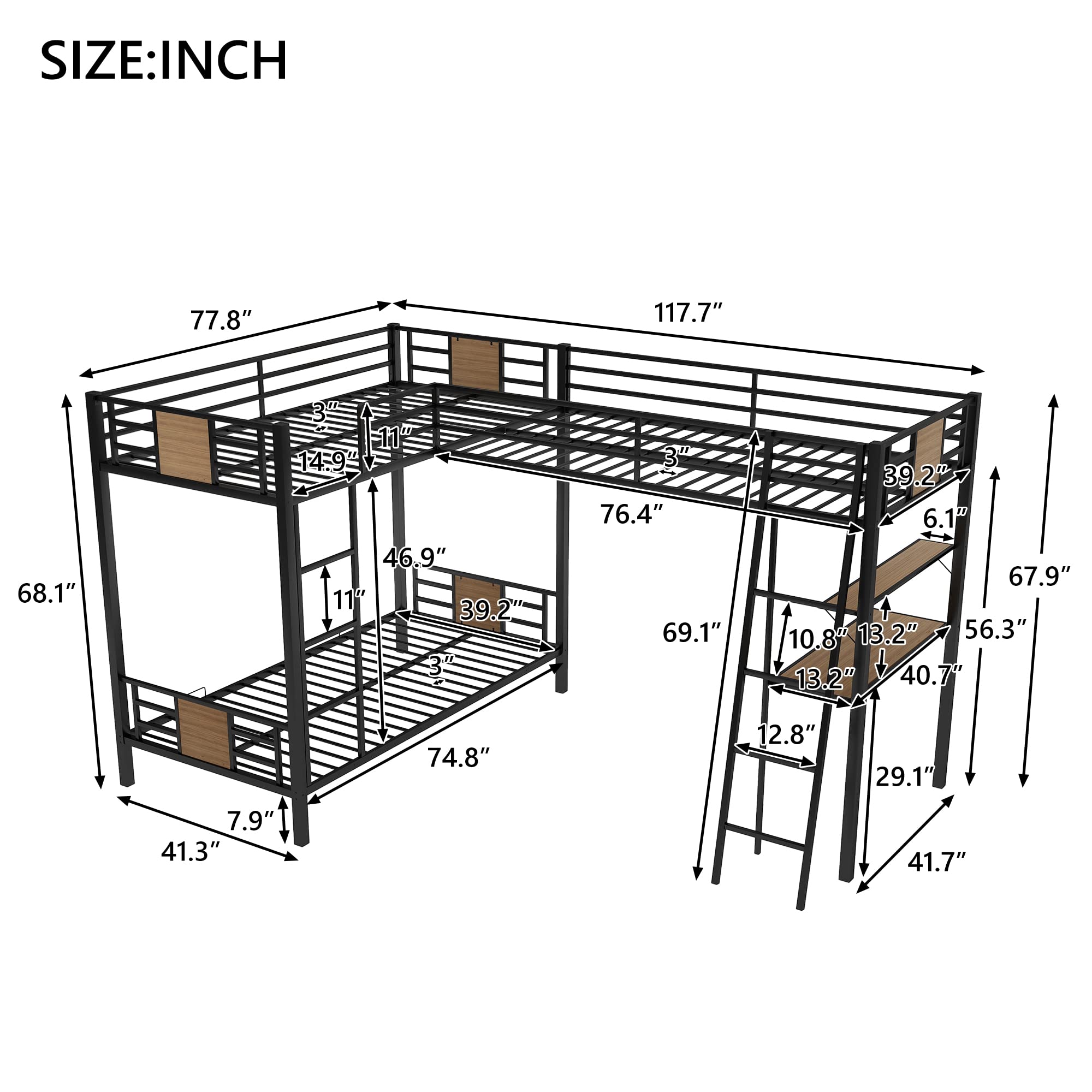 RUNWON Twin-Over-Twin Metal L-Shaped Triple Bunk Bed with a Twin Size Loft Bed and Desk and Shelf for Kids Teens