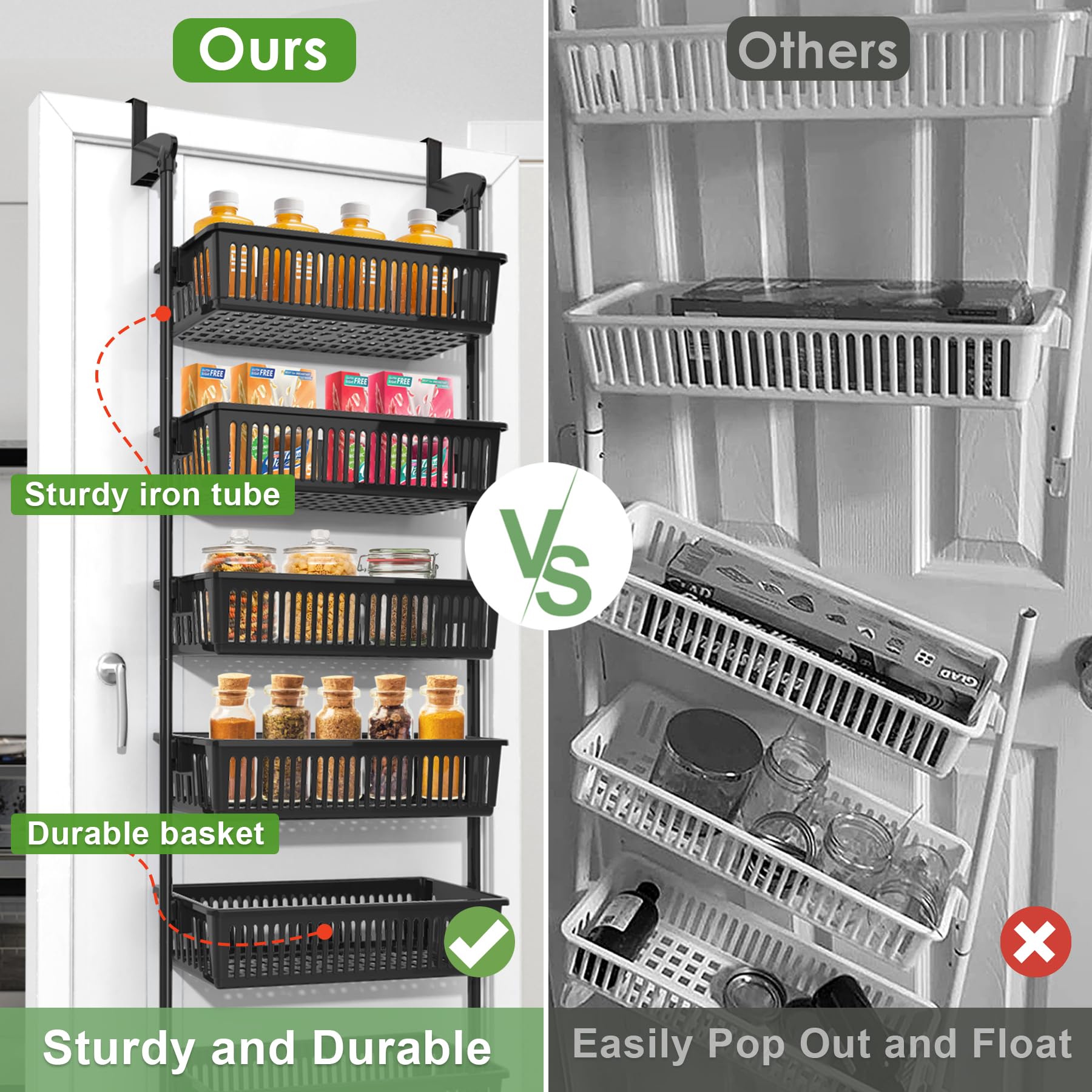 Pantry Door Organizer, Over the Door Pantry Organizer with 6-Tier Adjustable Baskets, Heavy-Duty Metal Wall Mounted Over the Door Spice Rack for Bathroom, Bedroom, Kitchen Organizers and Storage