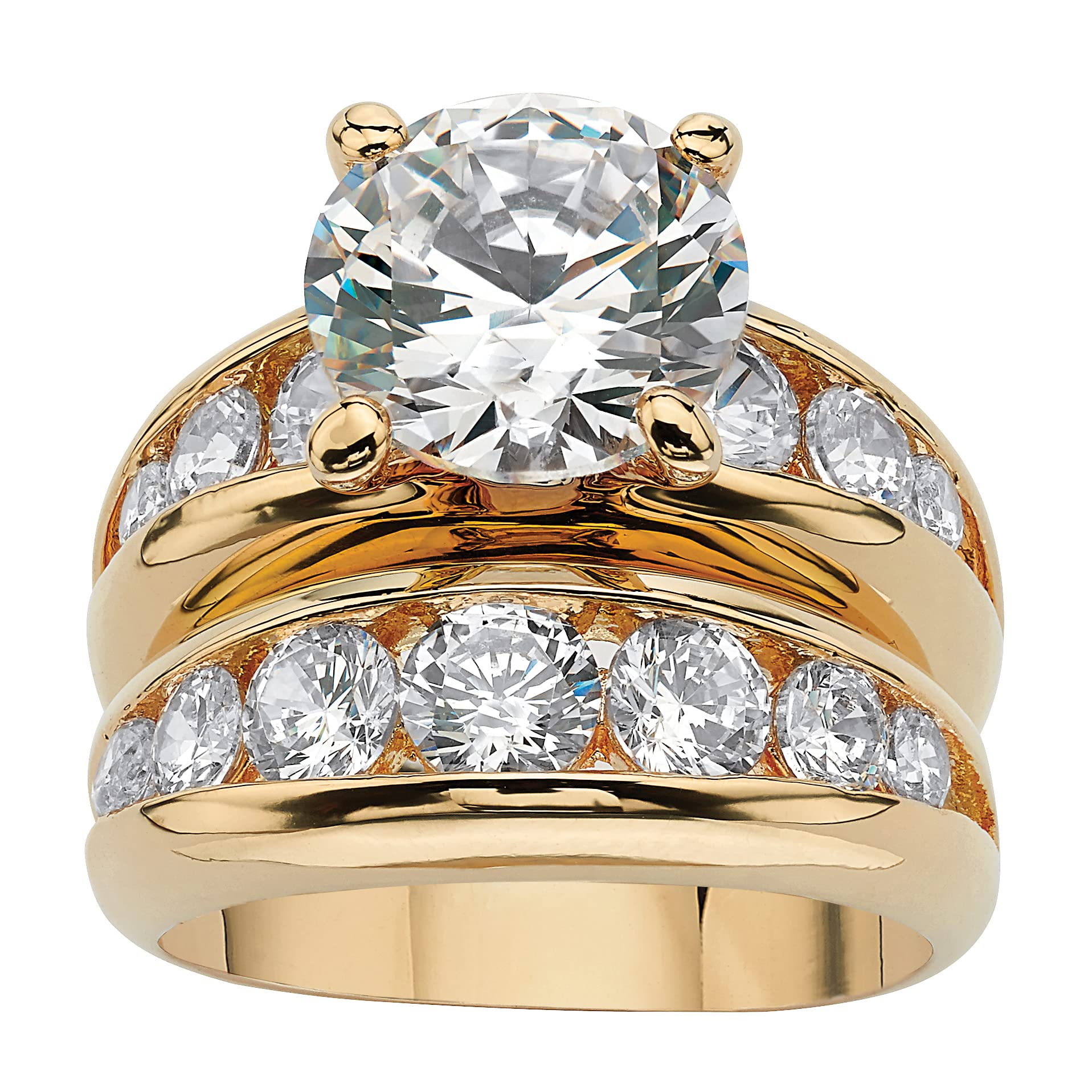 PalmBeach Yellow Gold-Plated or Silvertone Round Cubic Zirconia Channel Set Graduated Bridal Ring Set Size 7