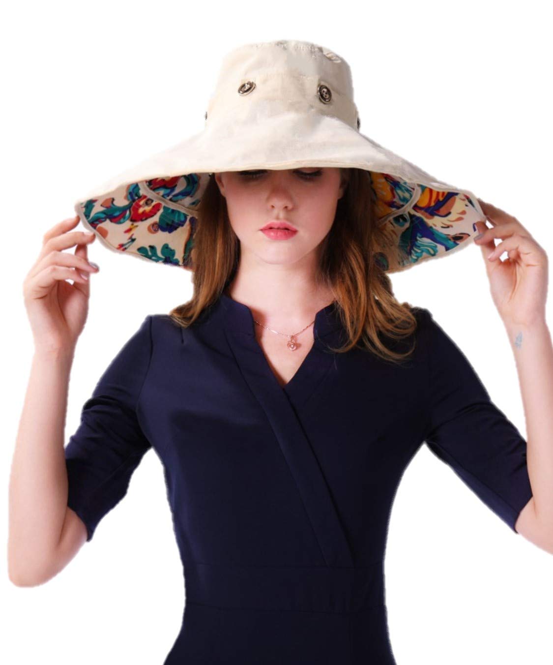 Packable Extra Large Brim Floppy Sun Hat Reversible UPF 50+ Beach Sun Bucket Hat Beige