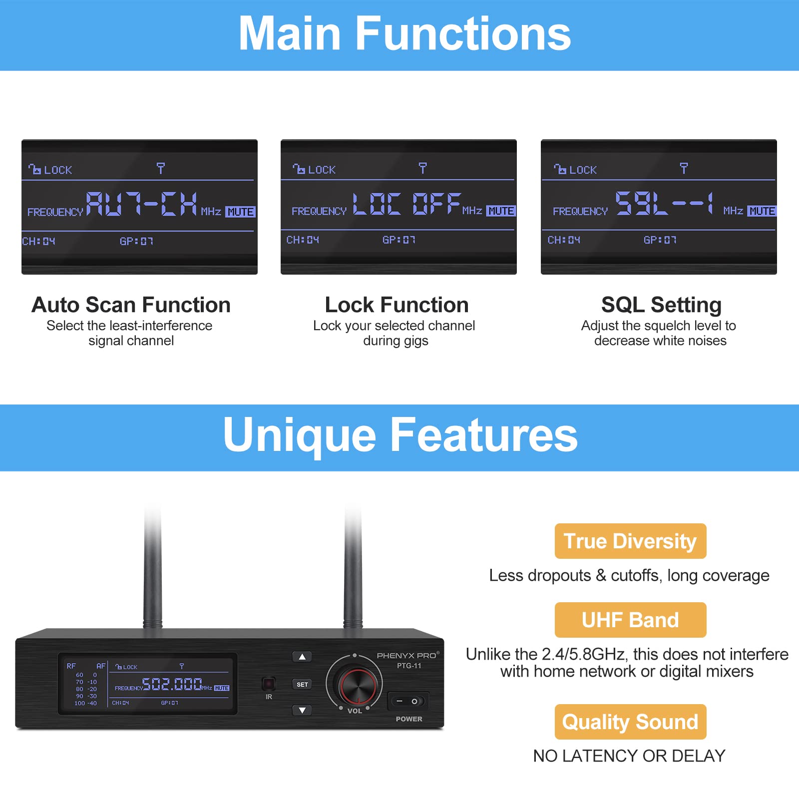 Wireless Guitar System, Phenyx Pro True Diversity Guitar Wireless Set w/Rechargeable Wireless Guitar Transmitter, 100 UHF Channels, Wireless Instrument System for Electric Guitar Bass (PTG-11)