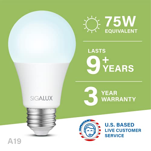 Sigalux 75W Equivalent A19 LED Light Bulb, 5000K Daylight 1100LM 9.5 Watt, Non-Dimmable Standard Light Bulbs E26 Medium Base, UL Listed, 10 Pack