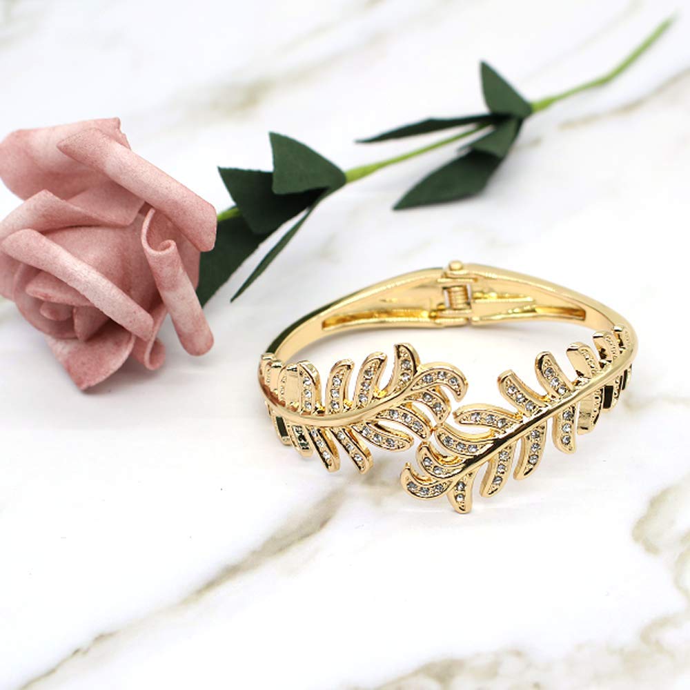 Sparkly Rhinestone Leaf Hinge Bangle Bridal Wedding Statement Bracelet Crystal Adjustable Cuff Bracelets Gold Platinum Tone Women Lover Gifts