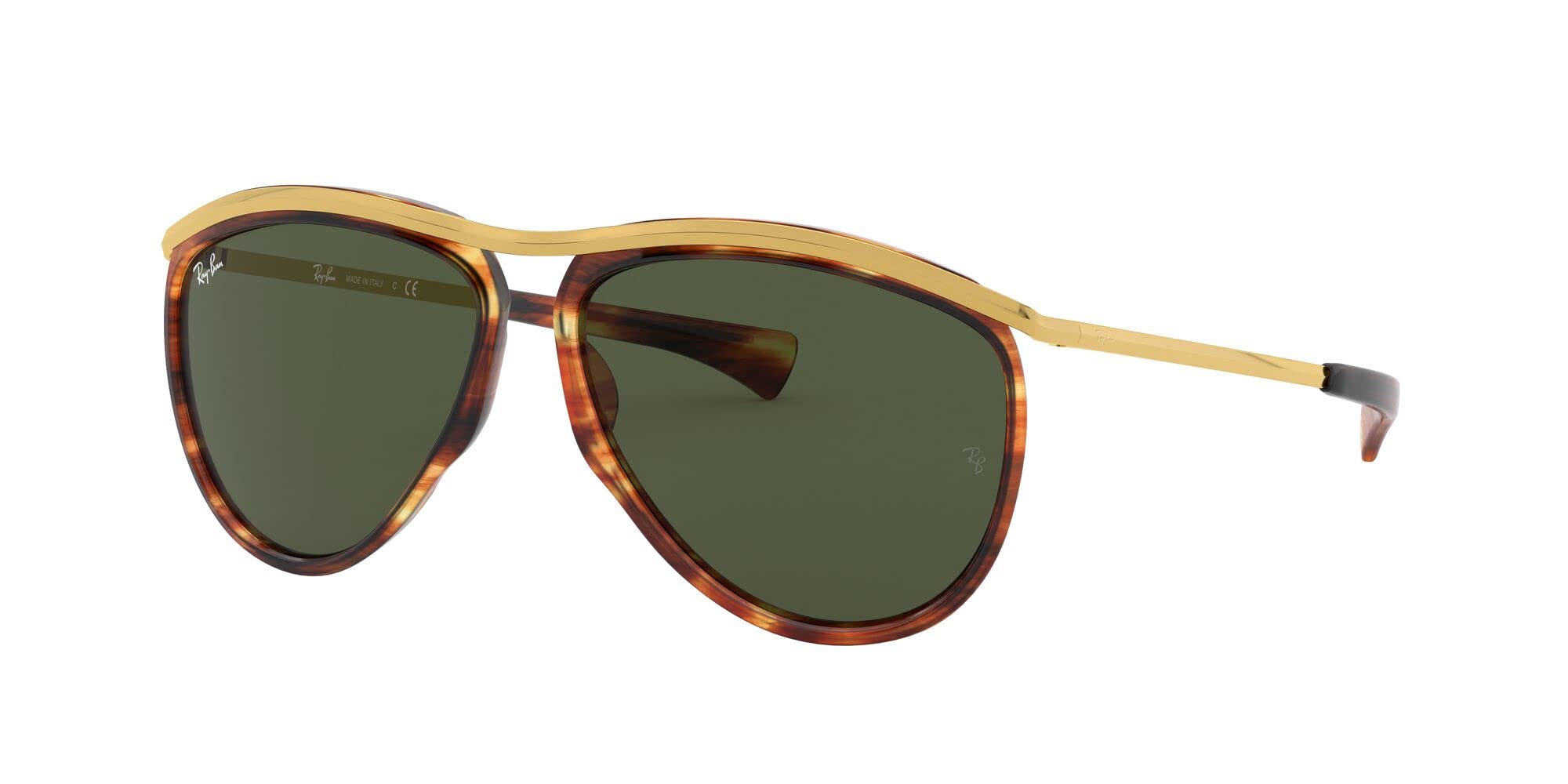 Ray-Ban RB2219 Olympian Aviator Sunglasses, Striped Havana/G-15 Green, 59 mm