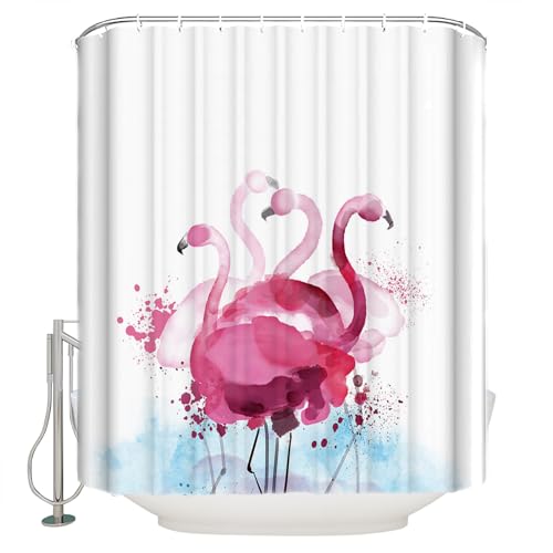 Pink Flamingo Waterproof Shower Curtains Set - Extra Long 72 x 84 Inch, Watercolor Pink Blue Animals Polyester Fabric Bathroom Curtain with 12 Hooks, Bathroom Accessories, 1 Panel