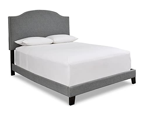 Signature Design by Ashley Adelloni Queen Upholstered Bed with Nailhead Trim, Gray