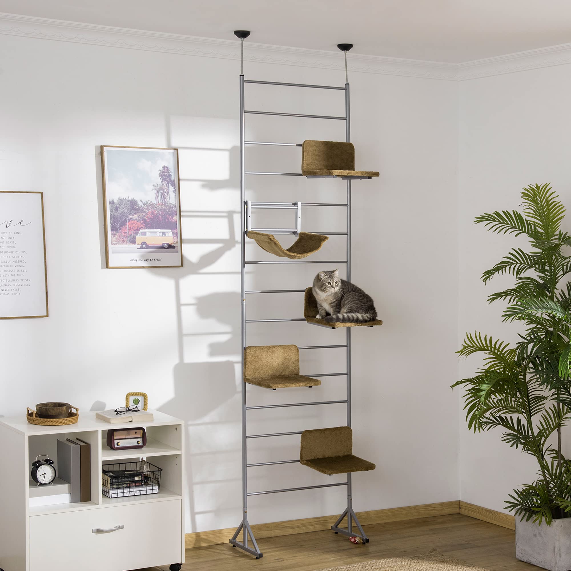 Pawhut 108" Floor-to-Ceiling Adjustable Staggered Climbing Cat Tree Tower