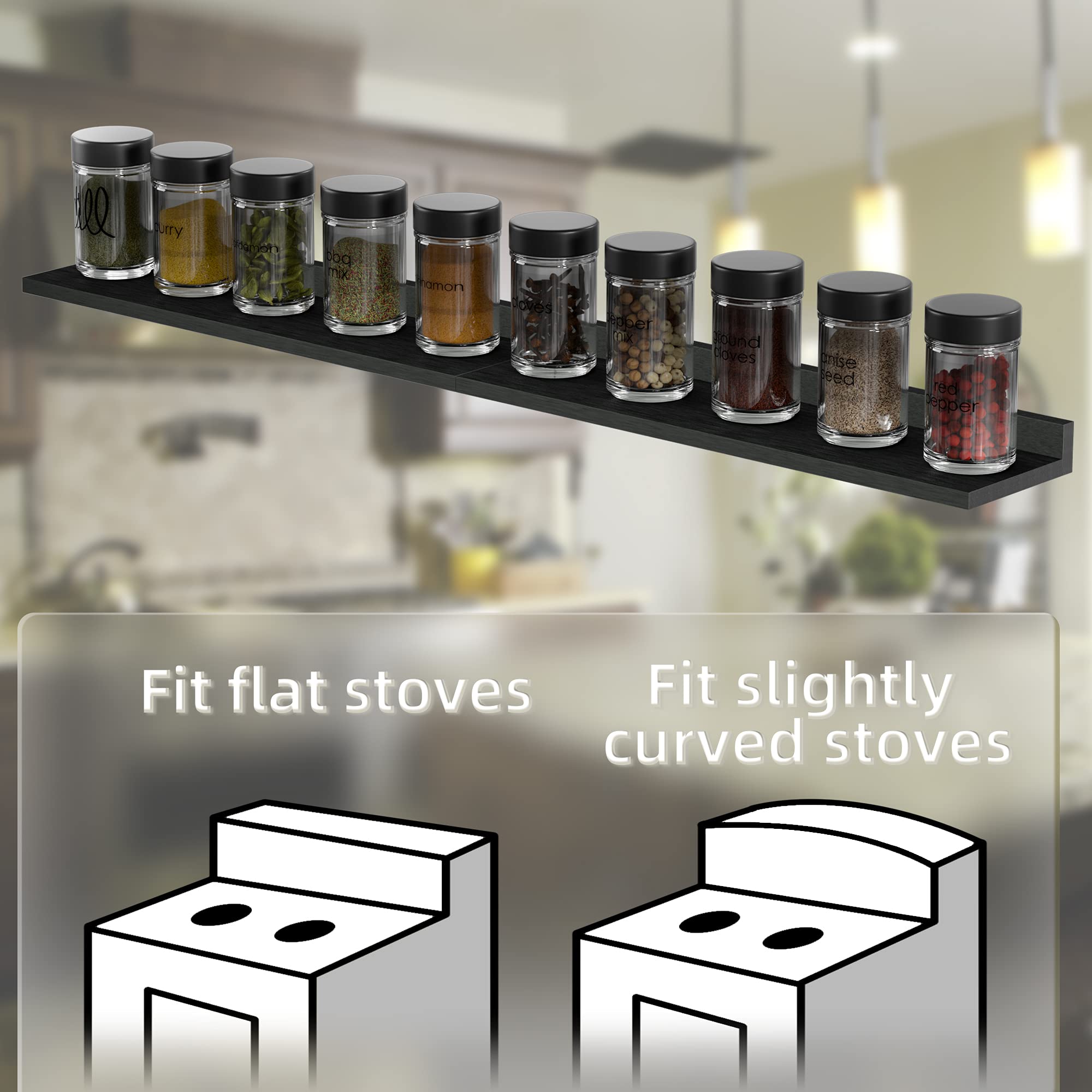 ZGO Oven Shelf for Kitchen Stove, 30" Stove Top Shelf with Reusable Strong Adhesive Tapes, Kitchen Gadgets Bamboo Spice Rack Organizer Spice Shelf Over the Stove (Black)