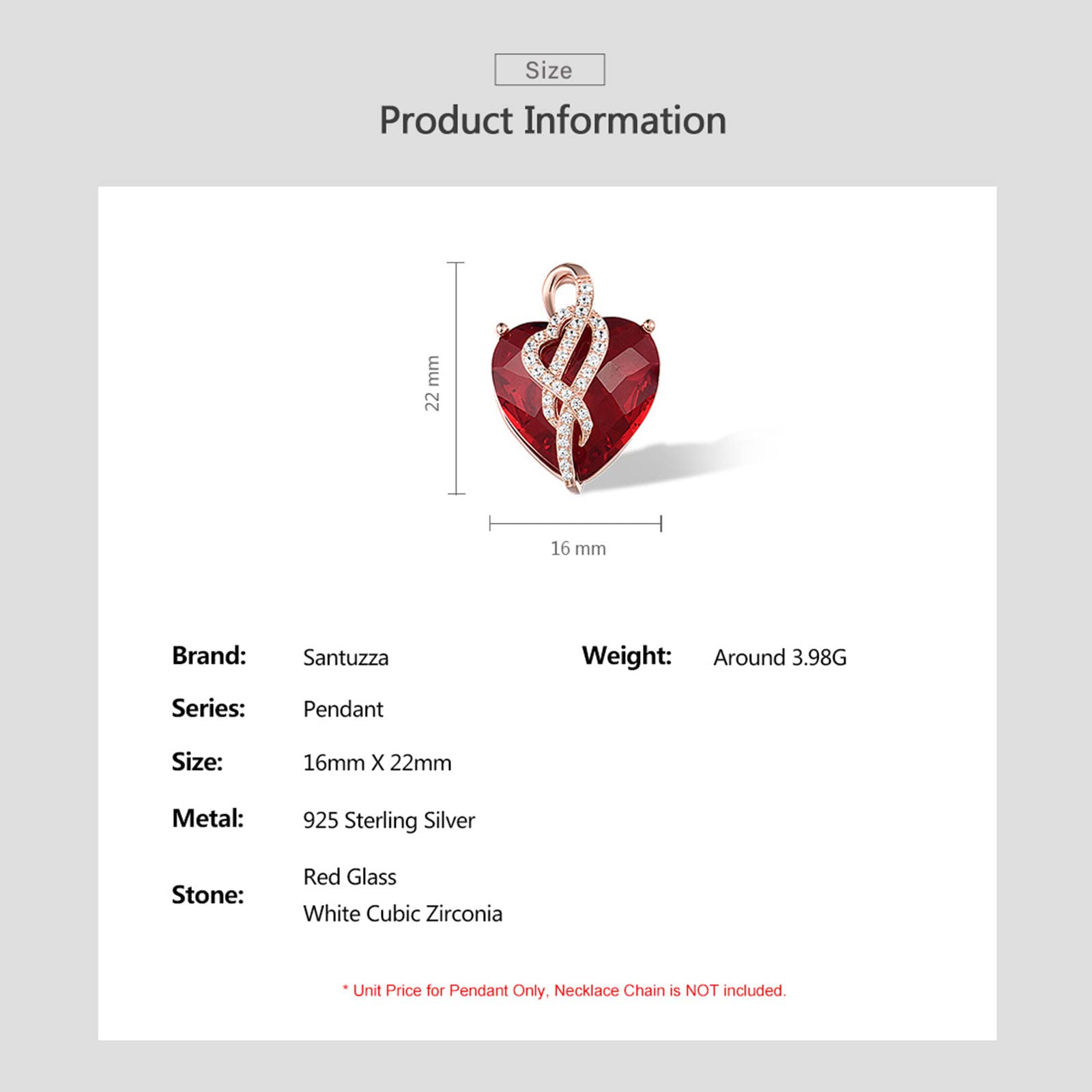 Santuzza Heart Shape Pendant 14K Rose Gold Plated Sterling Silver Red Glass Cubic Zirconia Love Heart Pattern Pendant for Women