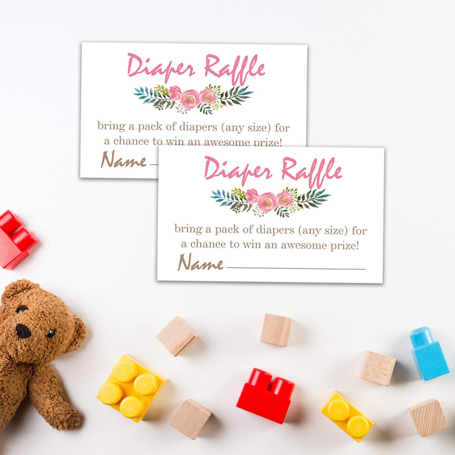 Pink Flowers Diaper Raffle Tickets for Baby Shower Invitation Inserts - 50 Baby Shower Game Cards.