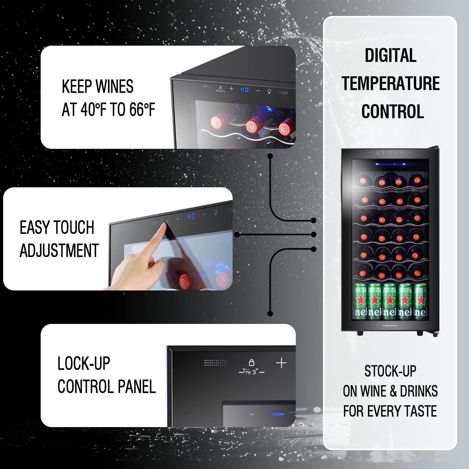 Phiestina Wine and Beverage Refrigerator Wine Cooler Freestanding 28 Bottles or 24 Bottles 15 cans Wine Fridge with LED light Digital Touch Control 7 Removable Shelves for Home/Bar/Office