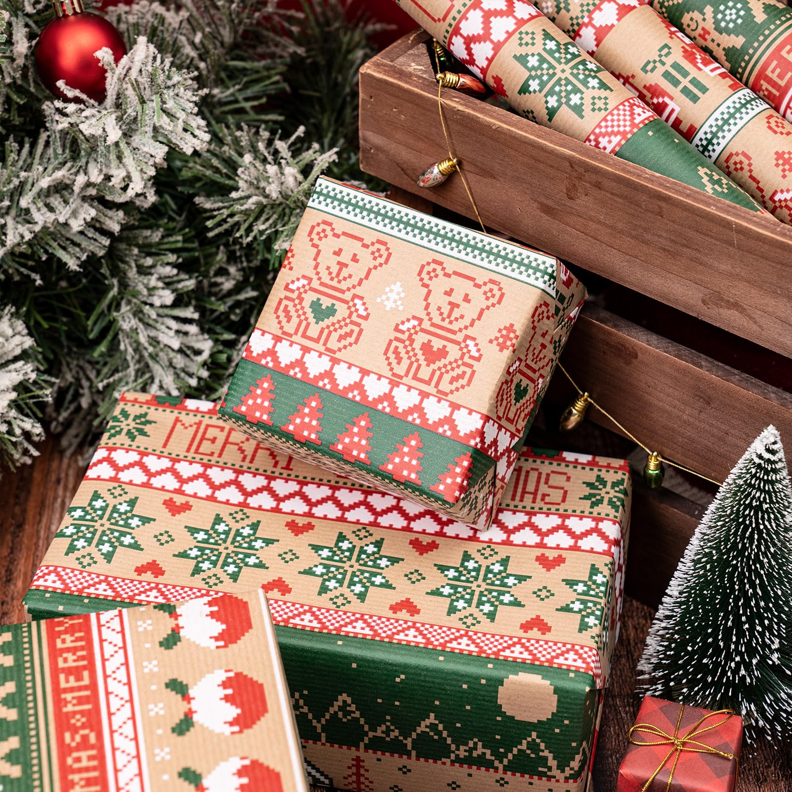RUSPEPA Christmas Wrapping Paper Rolls - 17 inches x 10 feet per Roll, Total of 3 Rolls - Red and Green