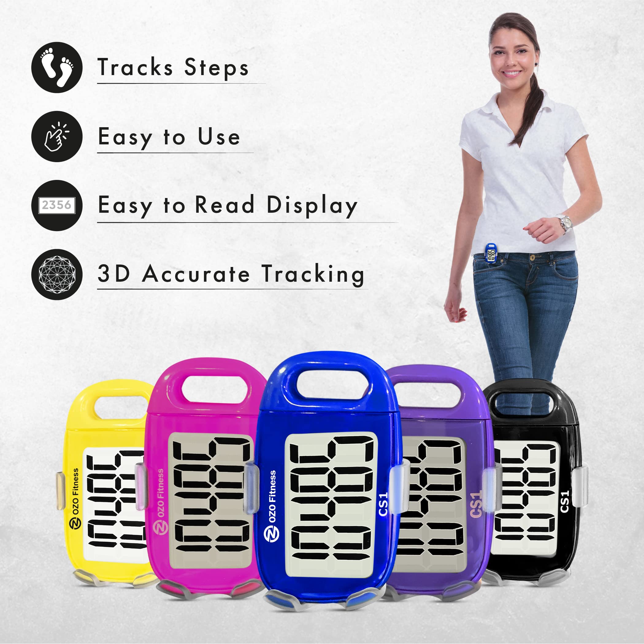 OZO Fitness CS1 Easy Pedometer for Walking - Step Counter with Large Display, Clip on and Lanyard (Blue)