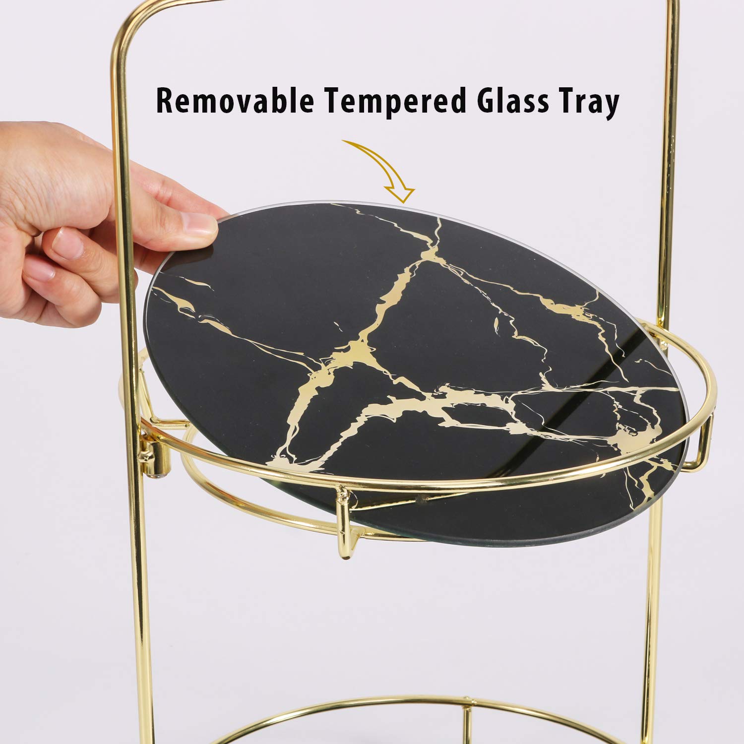 Simmer Stone Makeup Organizer Shelf, 2 Tier Cosmetic Storage Basket with Removable Glass Tray, Round Wire Vanity Organizer Rack for Dresser, Countertop, Bathroom and More, Gold