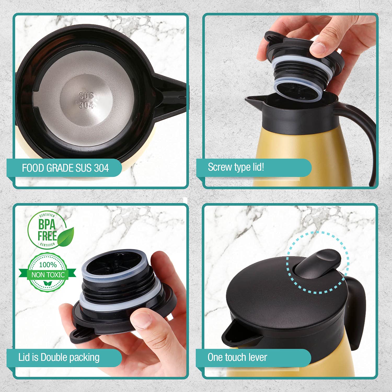 SINCE 1997 MR.CHEF 34Oz Thermal Coffee Carafe, Insulated Stainless Steel Coffee Carafes for Keeping Hot/Double Walled Vacuum Coffee Carafe (Gold, 1L)
