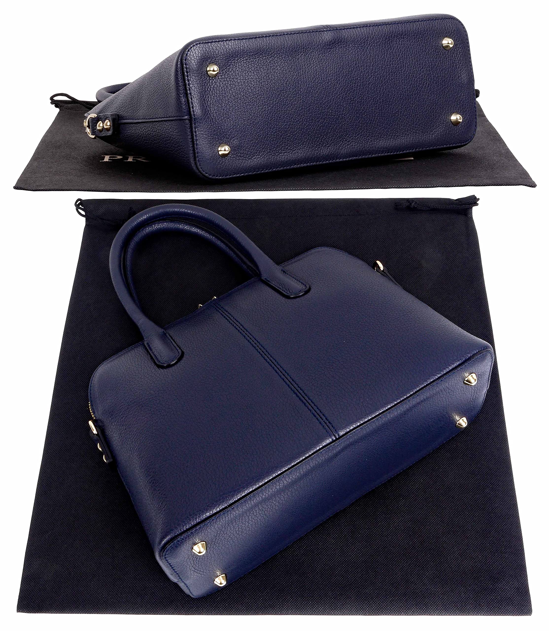 PRIMO SACCHI Italian Textured Navy Blue Leather Bowling Style Tote Grab Shoulder Bag Handbag Purse