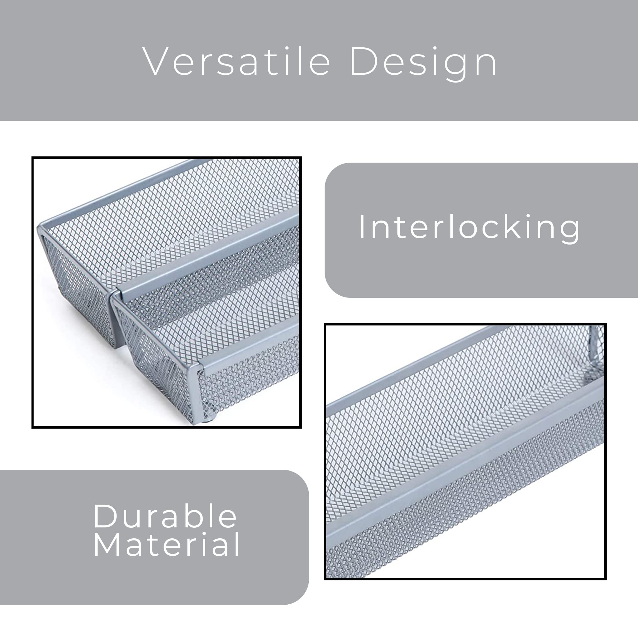 Smart Design Drawer Organizer Bundle - Steel Metal Mesh Tray with Interlocking Arm Connection β Silverware Organizer for Kitchen, Office Supplies, Utensils - 9 x 3 Inch and 15 x 6 Inch - Silver