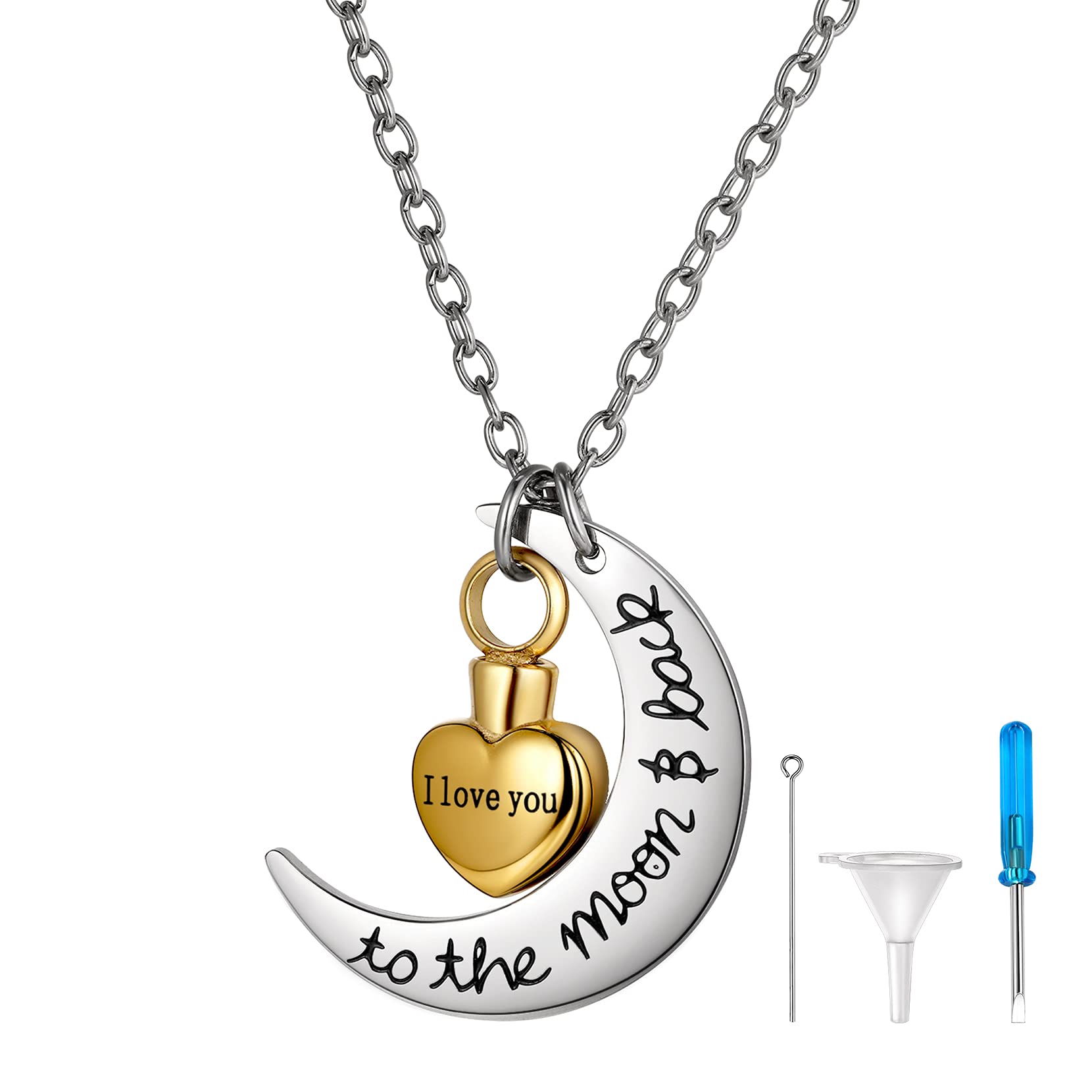Richsteel Gold I love You to the moon Back Urn Necklace for Ashes Stainless Steel Moon Heart Pendant & Rolo Chain 20'' Memorial Cremation Jewelry with Gift Box