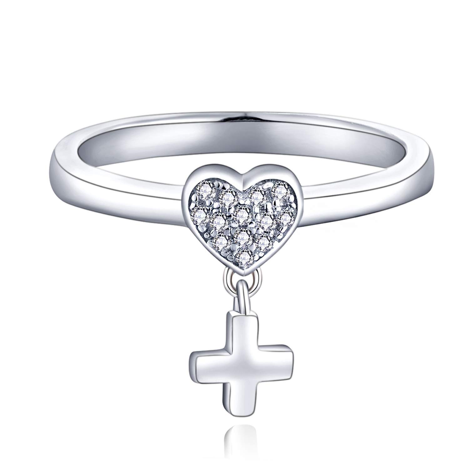 STARCHENIE Cross Ring Sterling Silver Rings for Women Cubic Zirconia Love Heart Hanging Cross Ring