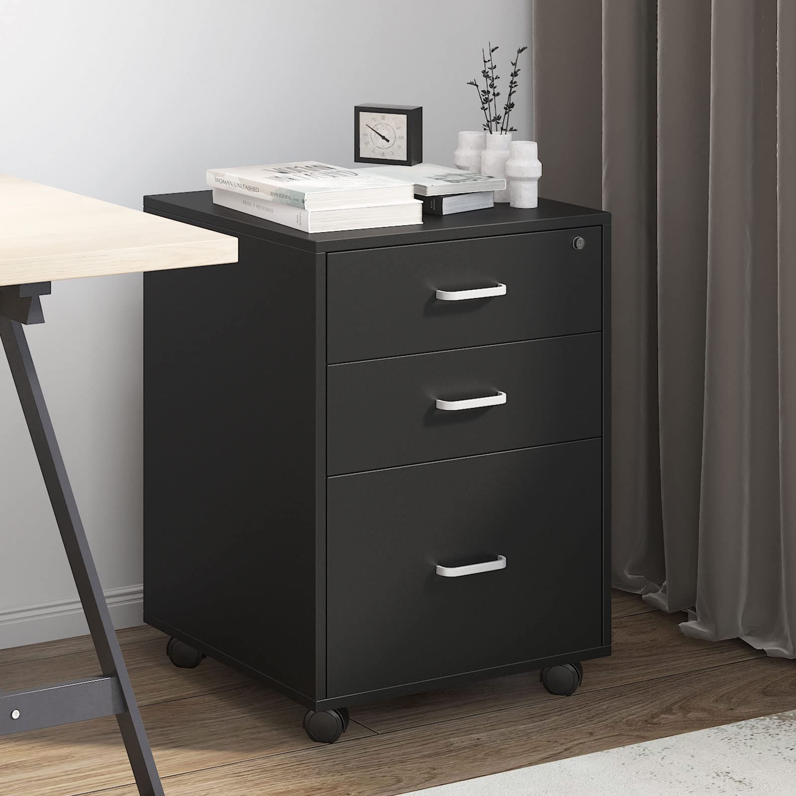 SogesHome File Cabinet with 3 Drawers, Office Storage File Cabinet on Wheels, Under Desk Filing Drawer Storage for Home (Black)