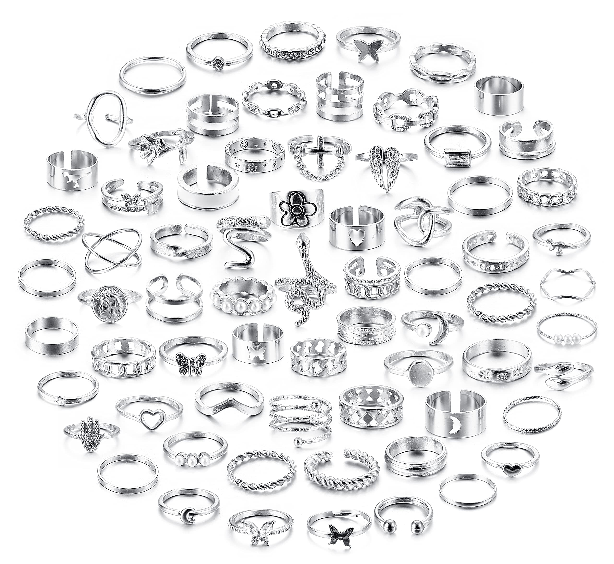 UBGICIG 70 PCS Knuckle Rings for Women, Vintage Stackable Rings for Women Egirls, Bohemian Midi Rings, Boho Heart Butterfly Snake Crystal Pearl Stacking Rings Set