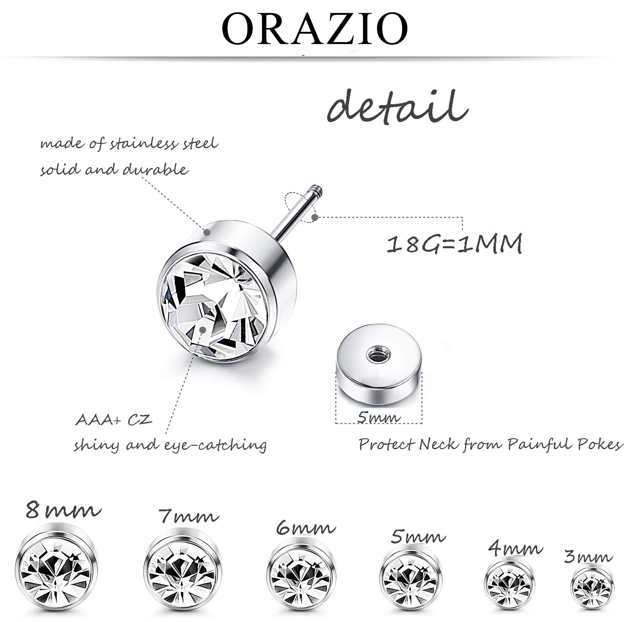 ORAZIO 6 Pairs Stainless Steel CZ Stud Earrings for Women Cartilage Stud Earrings Screwback Silver Tone 3-8mm