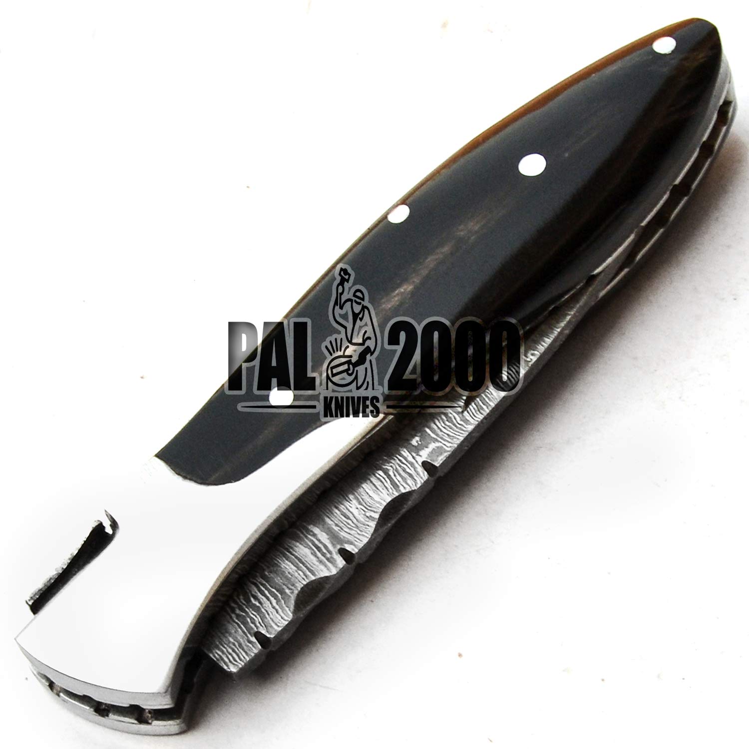 PAL 2000 KNIVES Custom Handmade Damascus Steel Folding Pocket Knife With Leather Sheath 9795