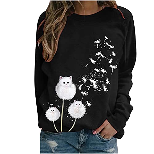 Wirziis Cute Crewneck Sweatshirt for Women, Casual Long Sleeve Loose Sweater Tops Trendy Pattern Fall Hoodies for Cat Lover