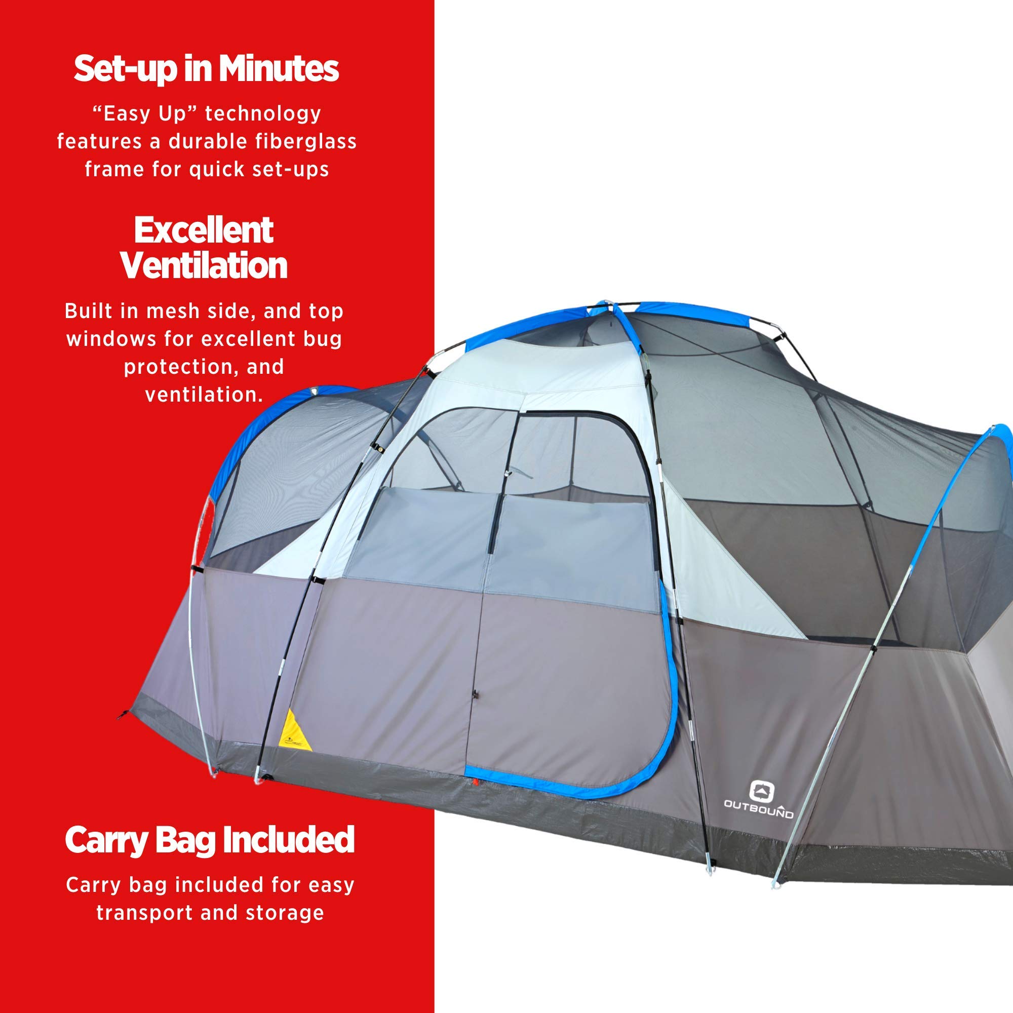 Outbound Dome Tent for Camping with Carry Bag and Rainfly | Perfect for Backpacking or The Beach | 8 & 12 Person | Blue