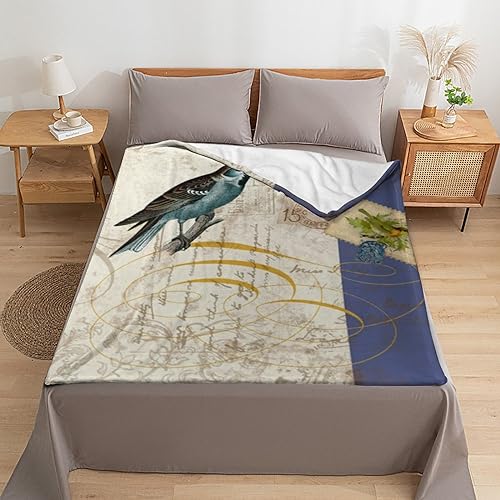 Plush Throw Blanket Vintage Birds Postage Stamp Soft Cozy Blanket Flannel Blankets All-Season for Sofa Couch Bed, 60" X 80"