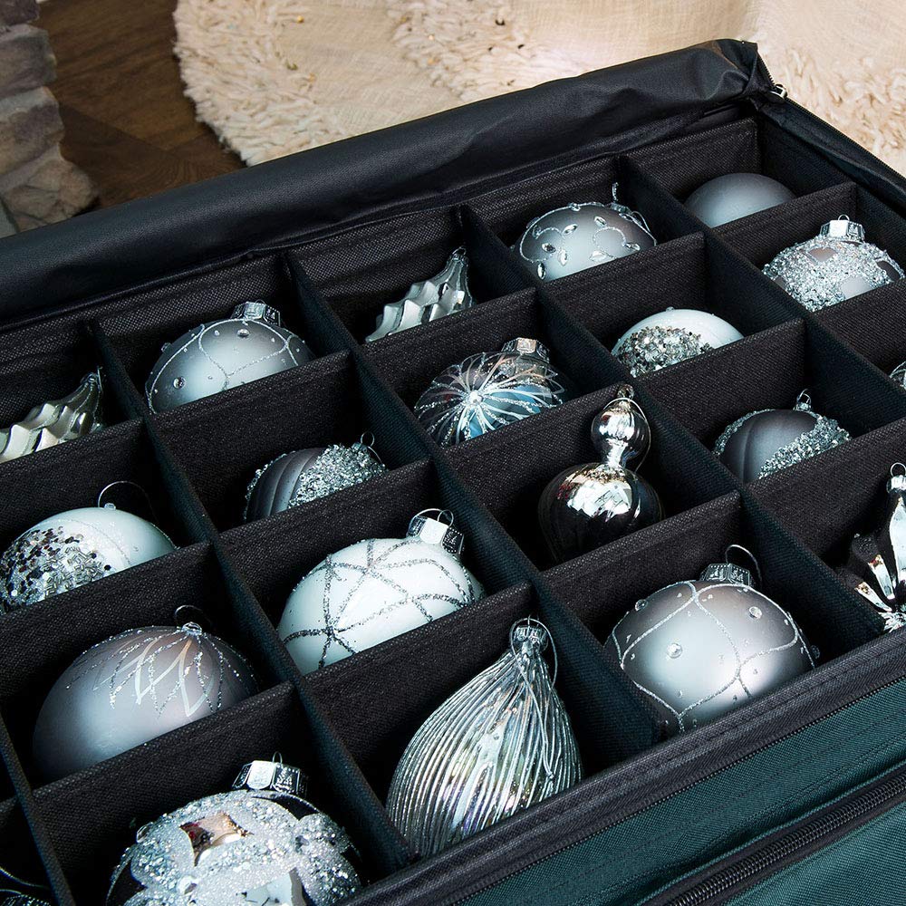 TreeKeeper (Green Christmas Ornament Storage Box with Dividers) - Deluxe Ornament Keeper - Holds 72 Ornaments up to 4 Inches in Diameter | 3 Removable Trays with Separators | Acid-Free Fabric Lining