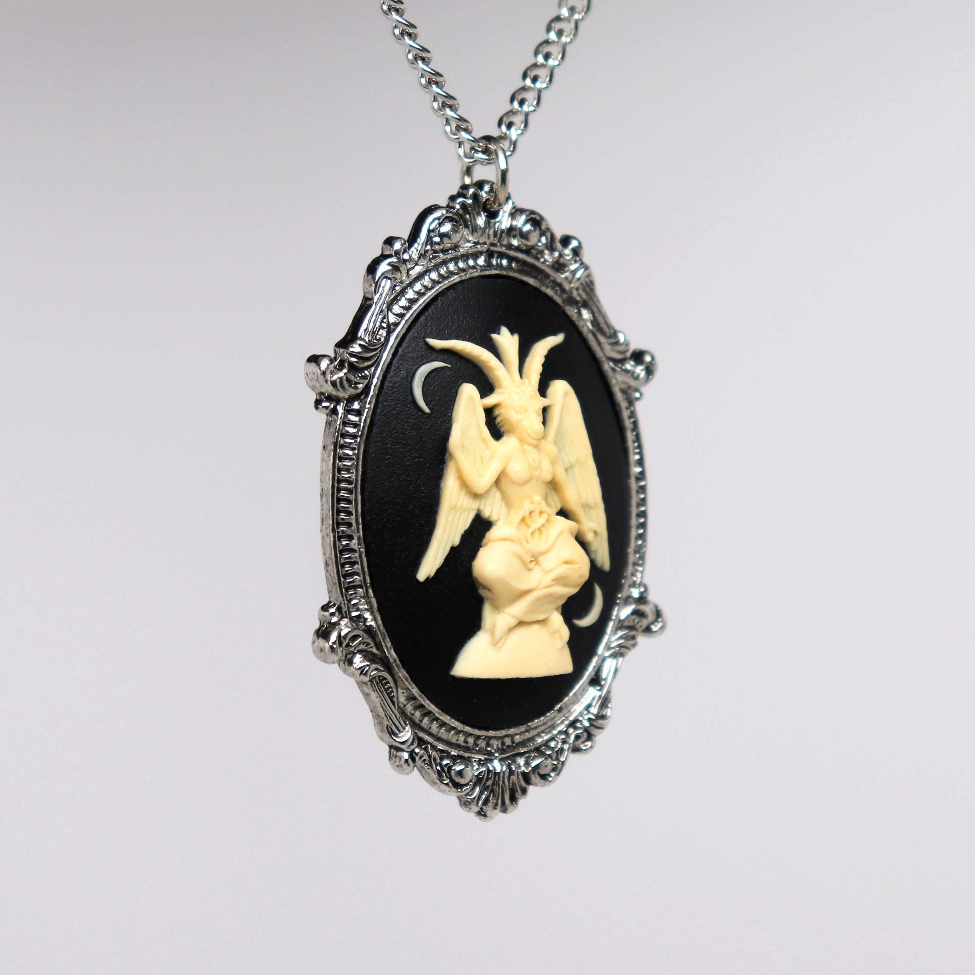 Real Metal Sitting Satanic Baphomet Cameo In Silver Finish Frame Necklace Pendant Ivory on Black