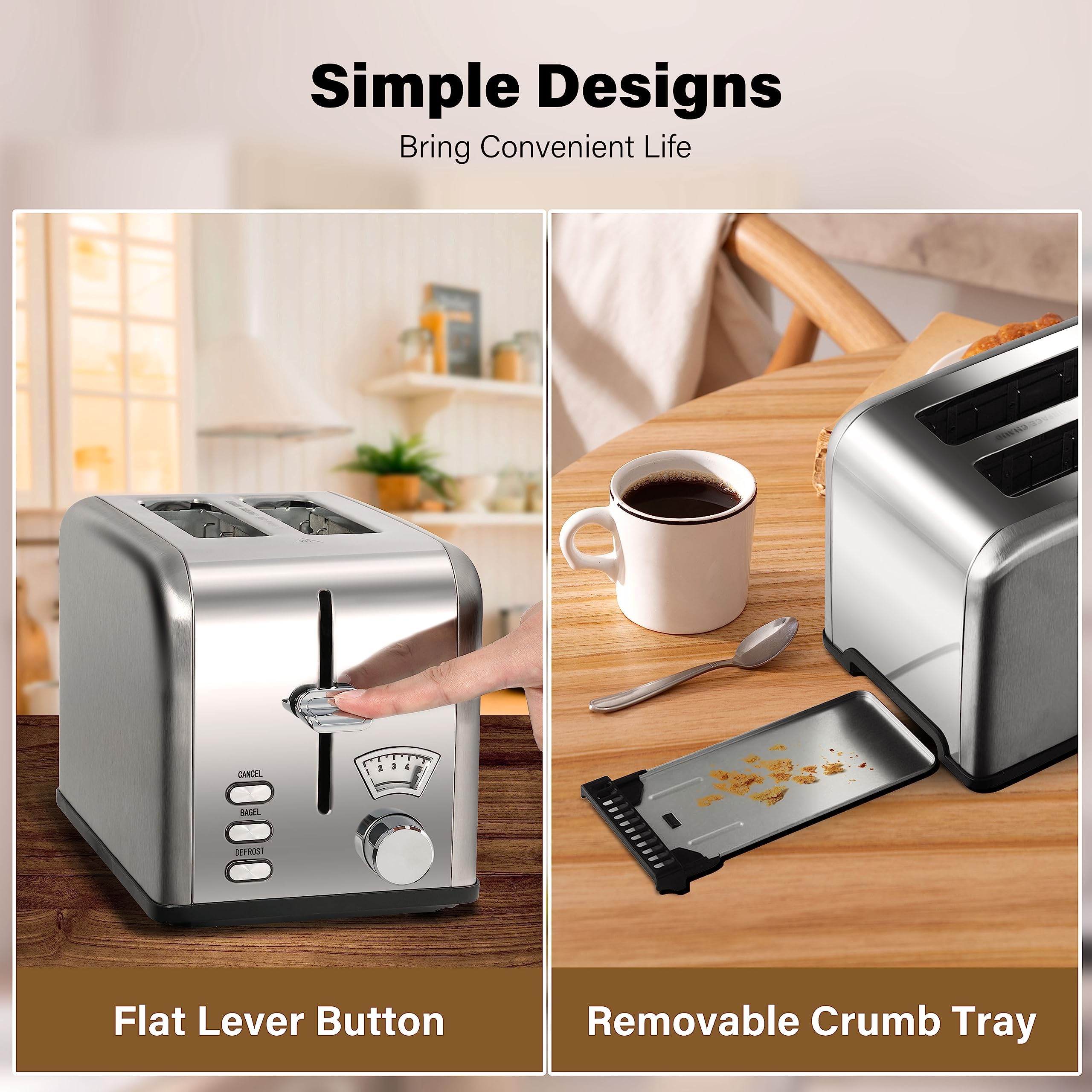 Simple Deluxe 1.5" Wide Slot 2-Slice Toaster, 5 Browning Setting and 3 Function, Retro Stainless-Steel Style, Removable Crumb Tray, Kitchen Essentials, for Bagel, Silver