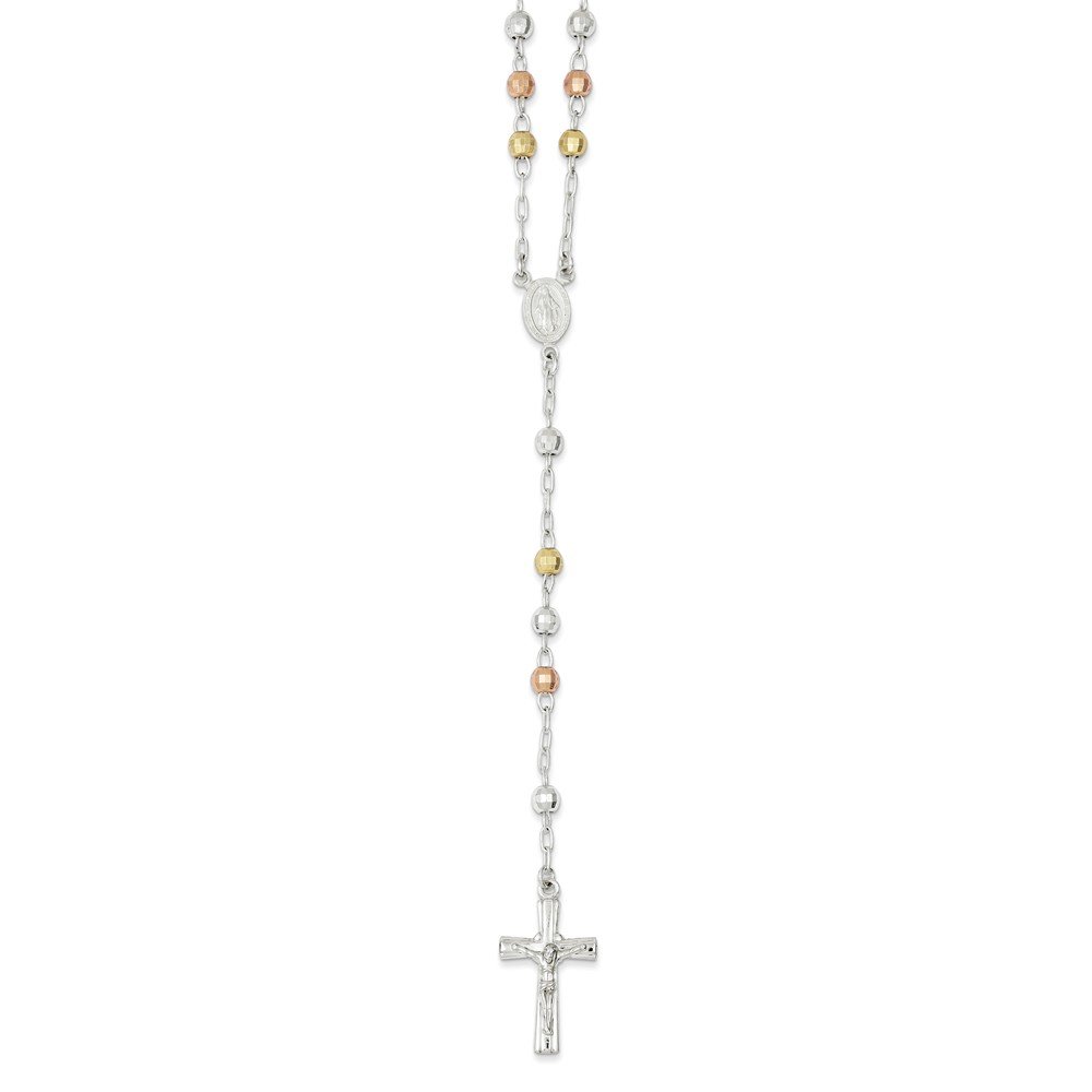 Sonia Jewels 925 Sterling Silver Rosary Textured Tri-color Beads Pendant Necklace Charm Chain 26"
