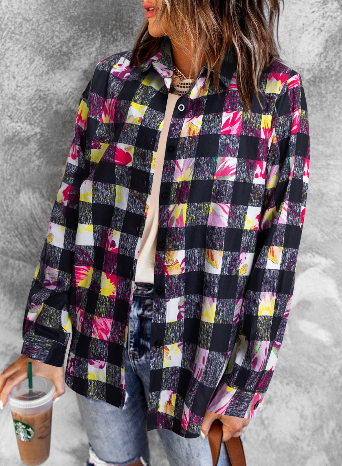 Plaid Jackets for Women Flannel Colorful Plaid Shirt Fall Button Down Blouses Patchwork Casual Long Sleeve Shirts