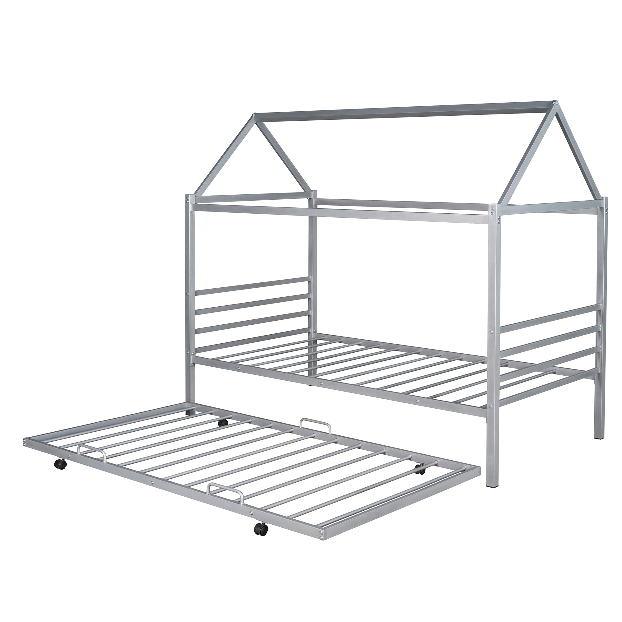POCIYIHOME Twin Size Metal House Shape Platform Bed with Trundle, Modern Sturdy Metal Bed Frame with Solid Metal Slats for Kids,Teens Bedroom, Space-Saving, No Box Spring Needed, Silver