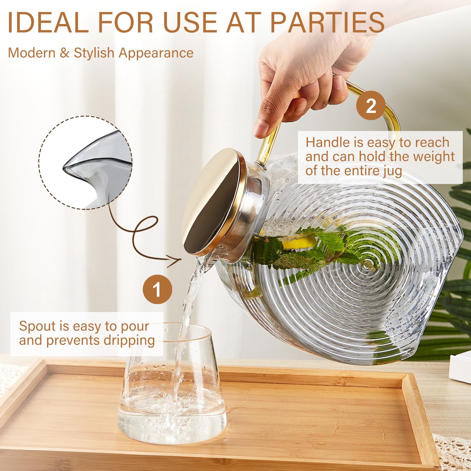 OneDream Glass Pitcher with Lids for Fridge Door, 2.5l/84oz Large Iced Tea Pitcher with Handle, Borosilicate Water Jug for Sun Tea, Fruit Juice, Drinks, Lemonade, Cold or Hot Beverages, Smoke Gray
