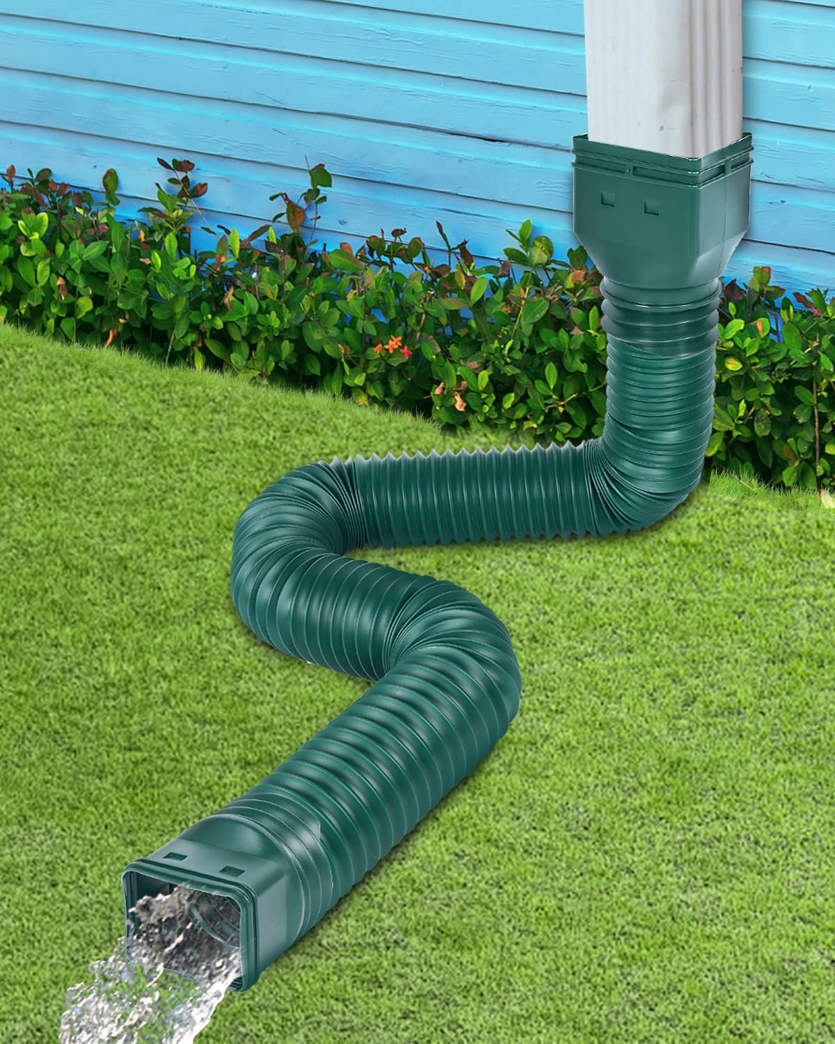 POBOMVOM Rain Gutter Downspout Extensions, 21"-60" Flexible Drain Downspout Extender, Rainwater Drainage Pipe with 4" x 3" and 3" x 2" Connectors, Screws Included (2 Packs, Green)