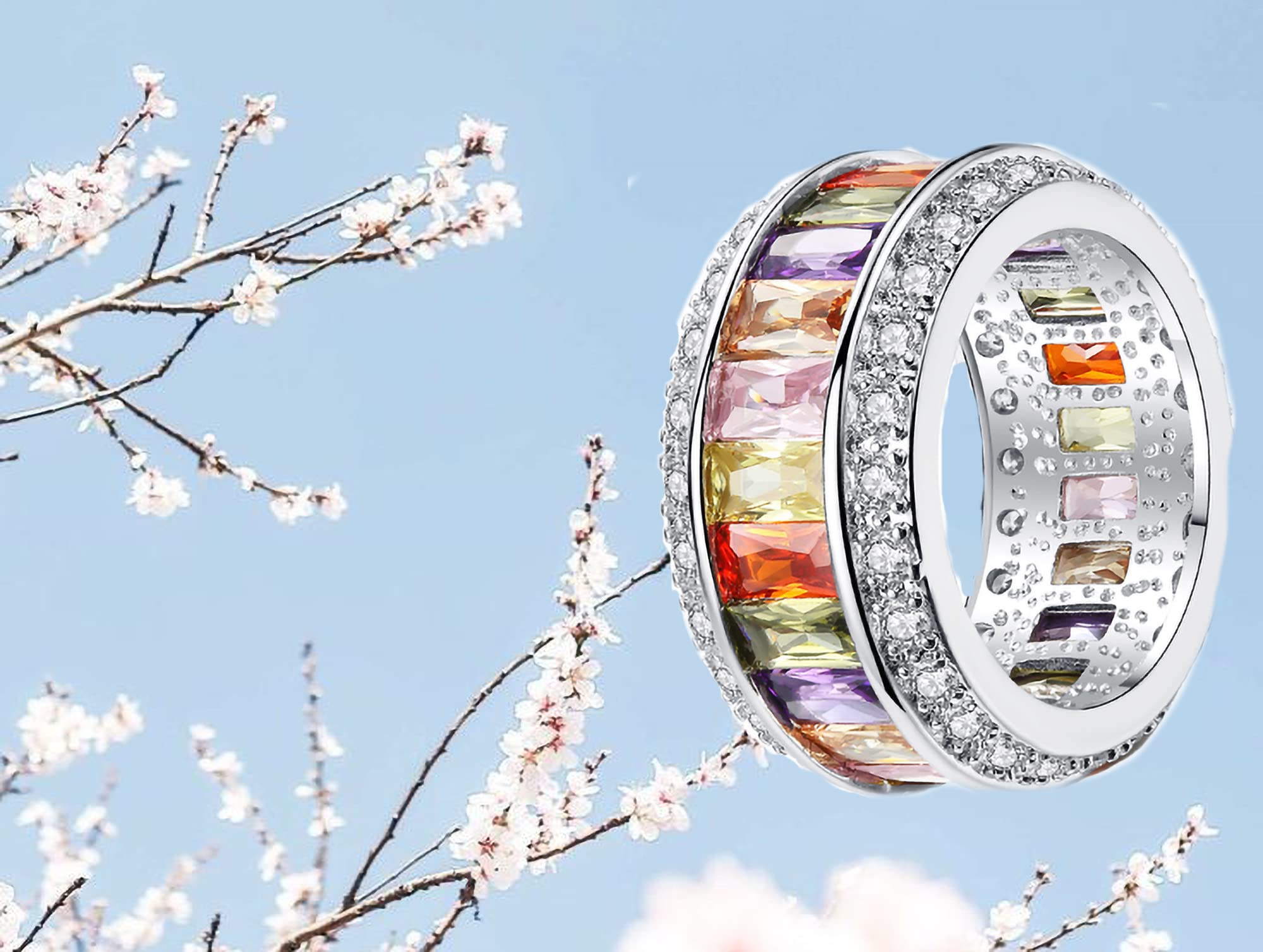 VPKJewelry 18K Gold Plated Rainbow Ring Wedding Band for Women Ladies Emerald Cut Multi Color Created-Gemstone Eternity Ring (Multicolor, 9)
