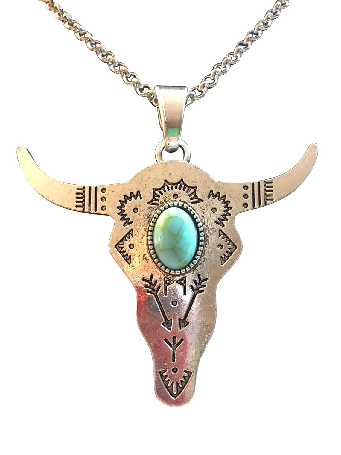 Silver Longhorn Bull Skull Buffalo Pendant, Faux Turquoise Cabochon Gift Boxed