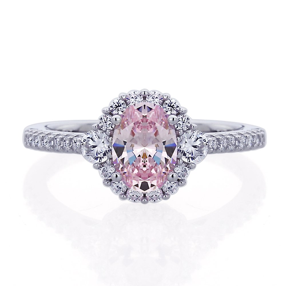 Platinum Plated Sterling Silver Ring 1.2 CT Oval Super Light Pink CZ Stone Halo Ladies Cocktail Ring (Size 5 to 9), 7