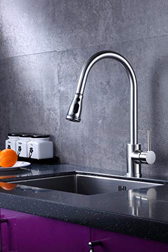 Simple Deluxe HIFUCTHSBNOH16SH8SR8 Lead-Free Brushed Nickel Solid Brass Single Handle Pull Down Sprayer Sink Kitchen Faucets, Style 1