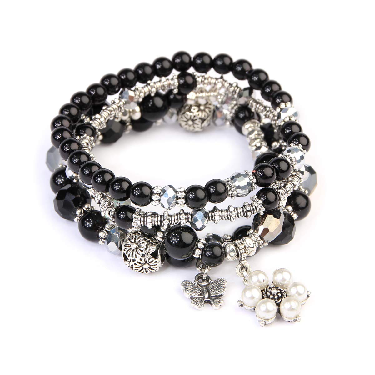 RIAH FASHION Bohemian Multi Strand Faux Pearl Bracelets - Layer Beaded Statement Stretch Lovely Crystal Bangles Star, Heart (Butterfly - Black)
