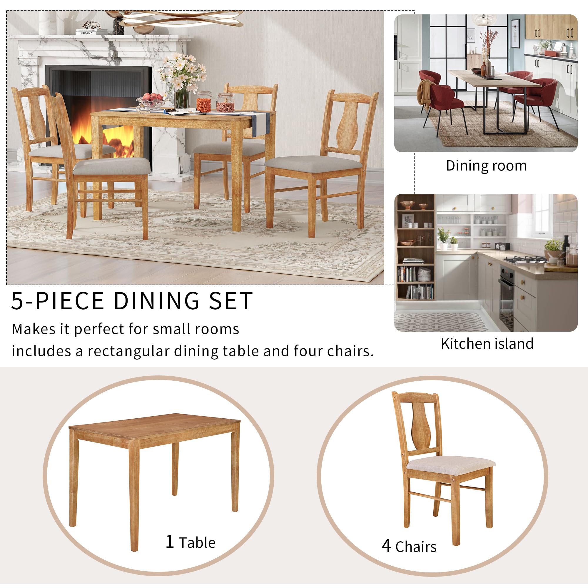 SIYSNKSI 5-Piece Farmhouse Kitchen Dining Table Set, Wooden Rectangular Dining Table with 4 Upholstered Chairs, Kitchen Furniture Set for Dining Room (Natural Wood 077)