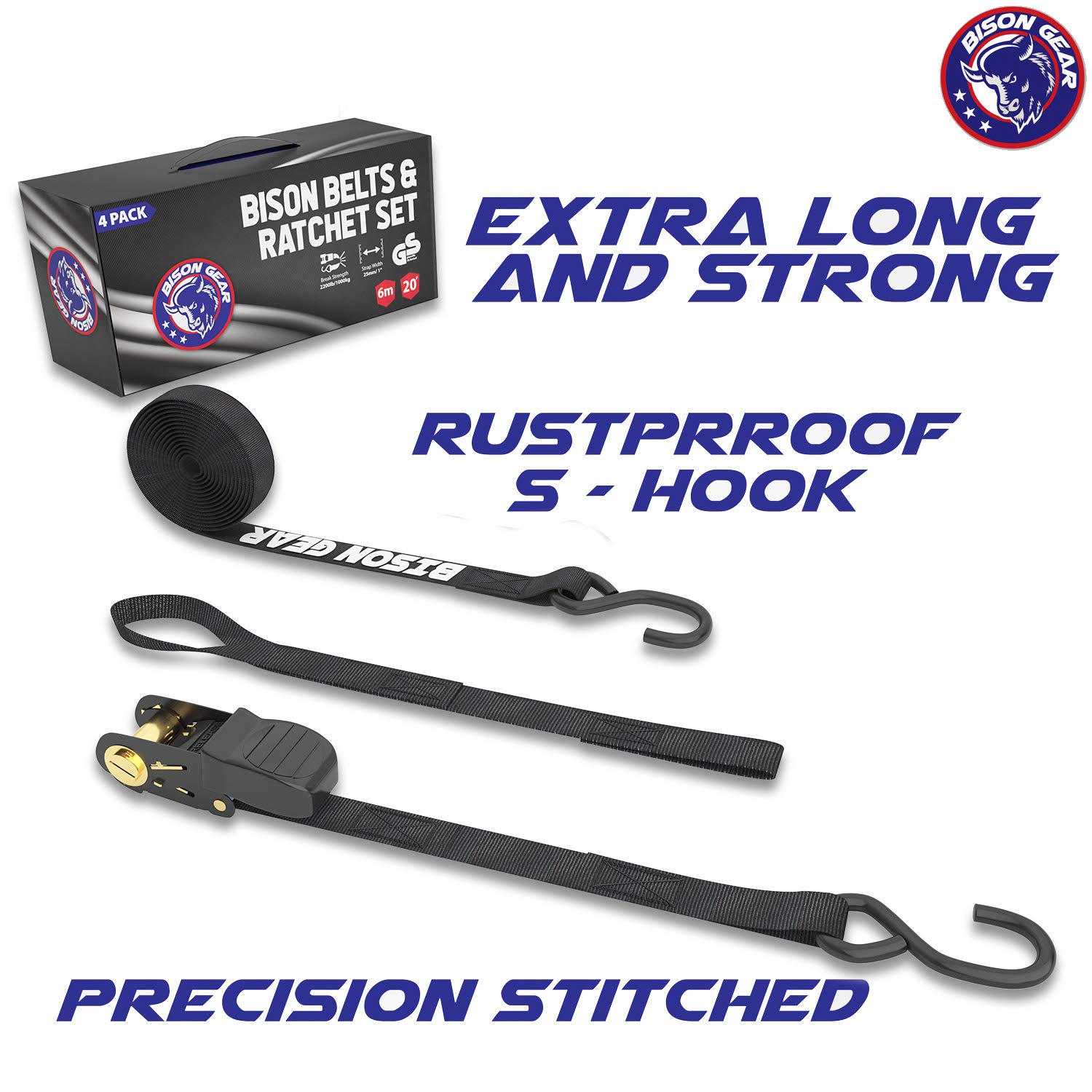 Ratchet Tie Down Straps 20ft 4 Pack by Bison Gear® UV Resistant 2200lb Heavy Duty Cargo Straps with Ergonomic Rubber Grips & Coated Deep S Hooks - Safety Standards Certified (Black)