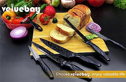 veluebay Kitchen Knife Set, Professional Stainless Steel Chef Knives with Ceramic Peeler and Gift Box, Black Cooking Knives for Slicing, Bread, Utility, Paring (6 Pcs)
