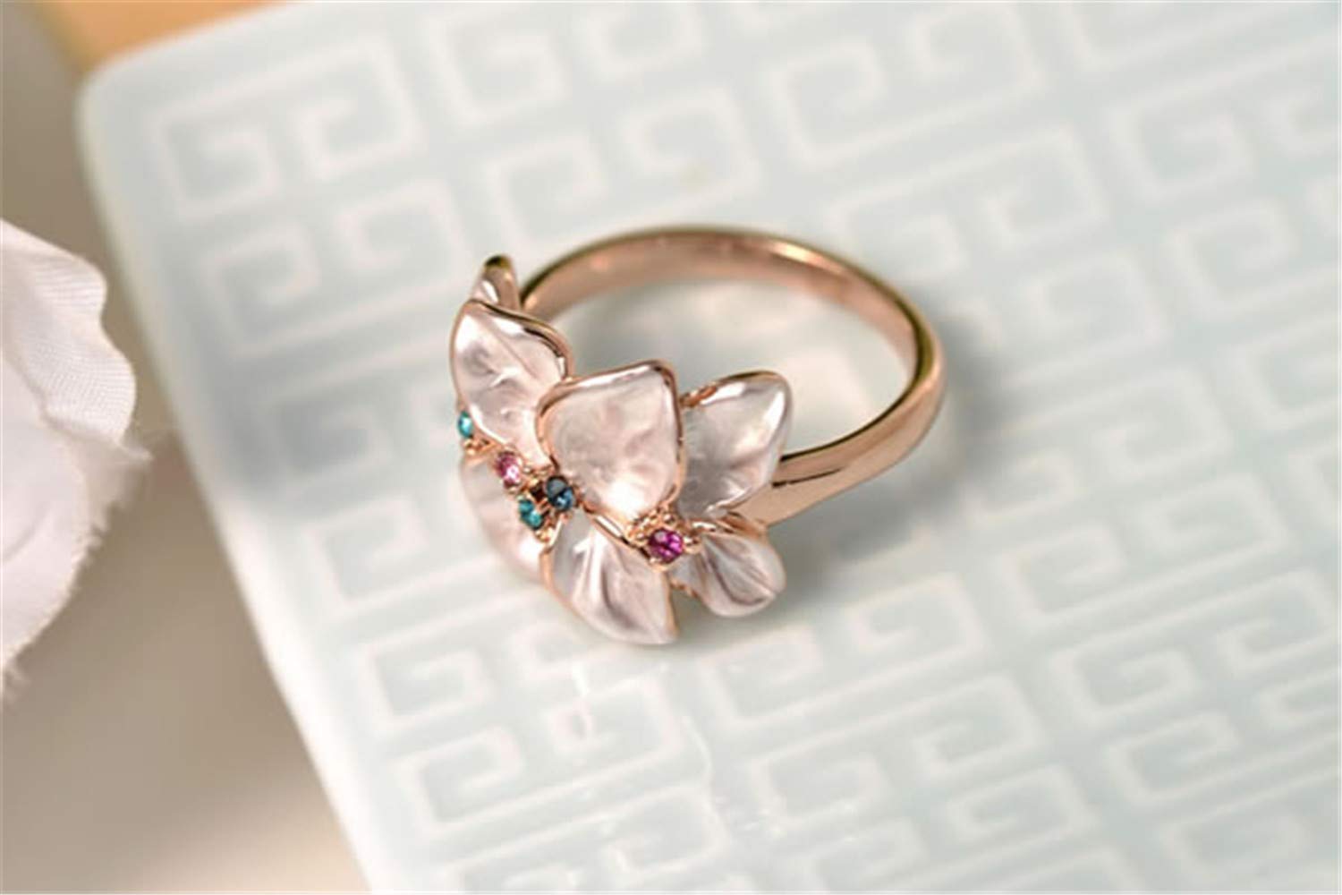 PAMTIER Women's White Enamel Flower 18K Rose Gold Plated Ring Color Cubic Zirconia Promise Size 8
