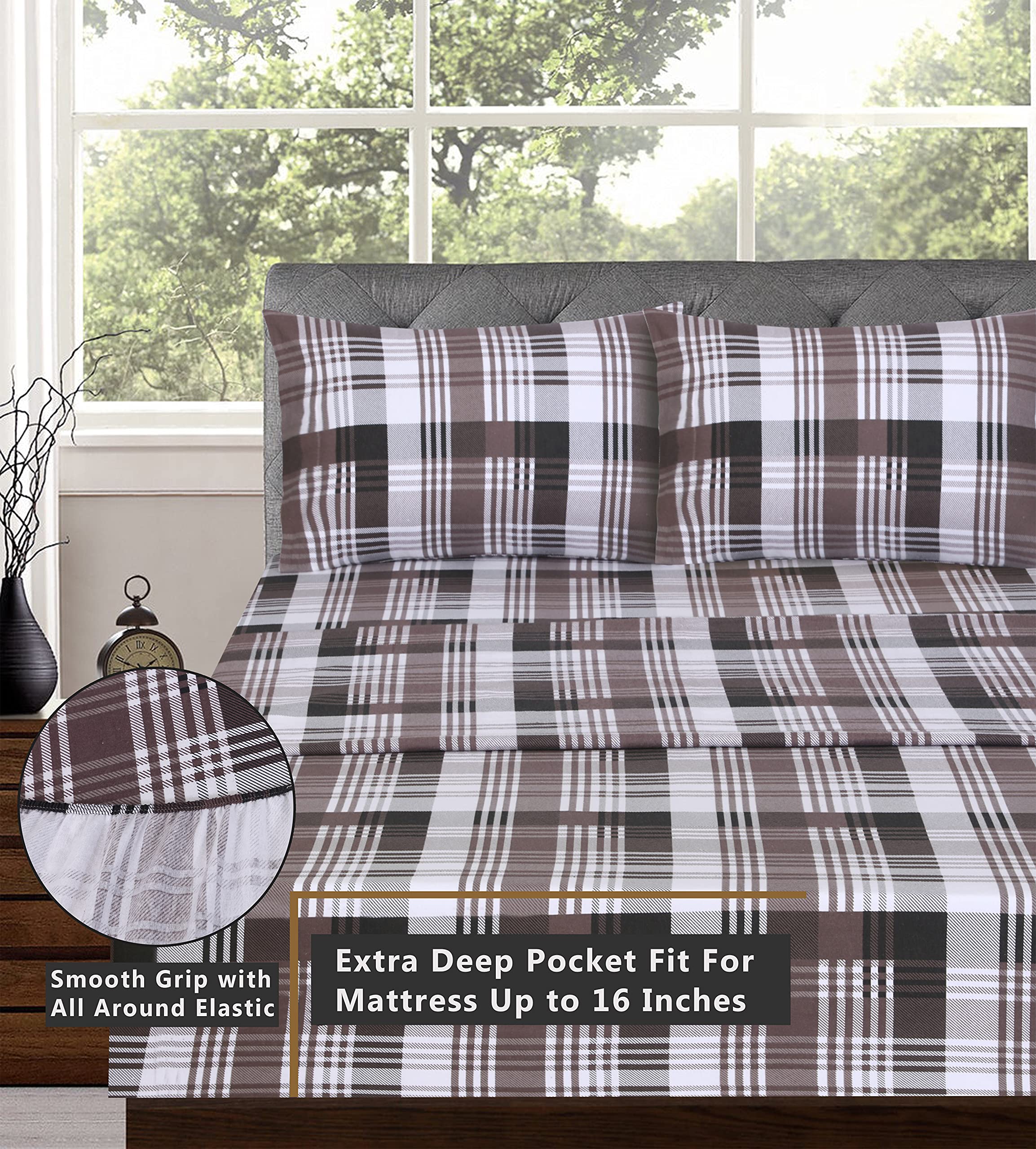RUVANTI Flannel Sheets Full Size - 100% Cotton Brushed Flannel Bed Sheet Sets - Deep Pockets 16 Inches - All Seasons Breathable & Super Soft - Warm & Cozy - 4 Pcs - Red & Black Plaid