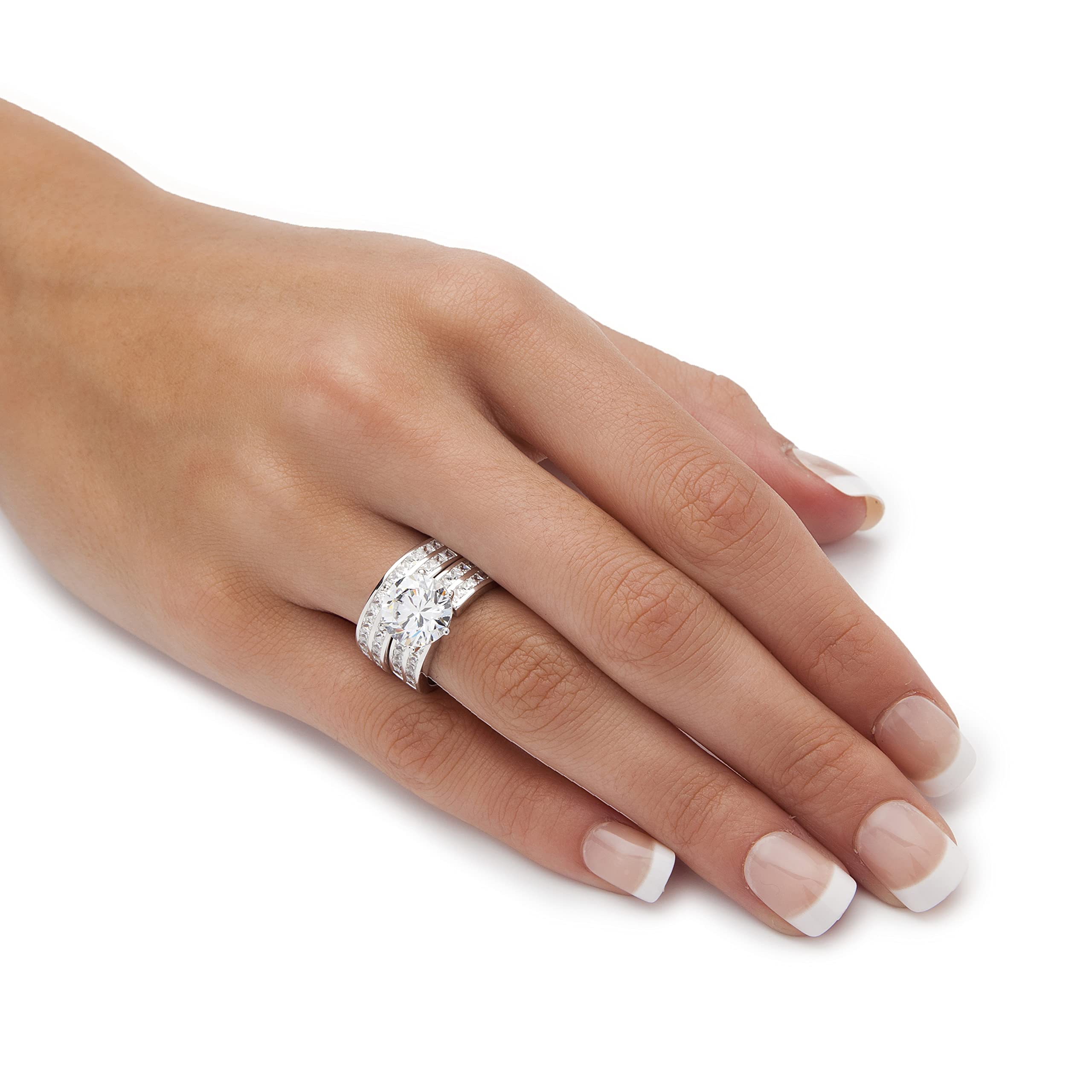 PalmBeach Jewelry Yellow Gold-Plated or Platinum-Plated Sterling Silver Round Cubic Zirconia 2 Piece Channel Set Bridal Ring Set Size 6
